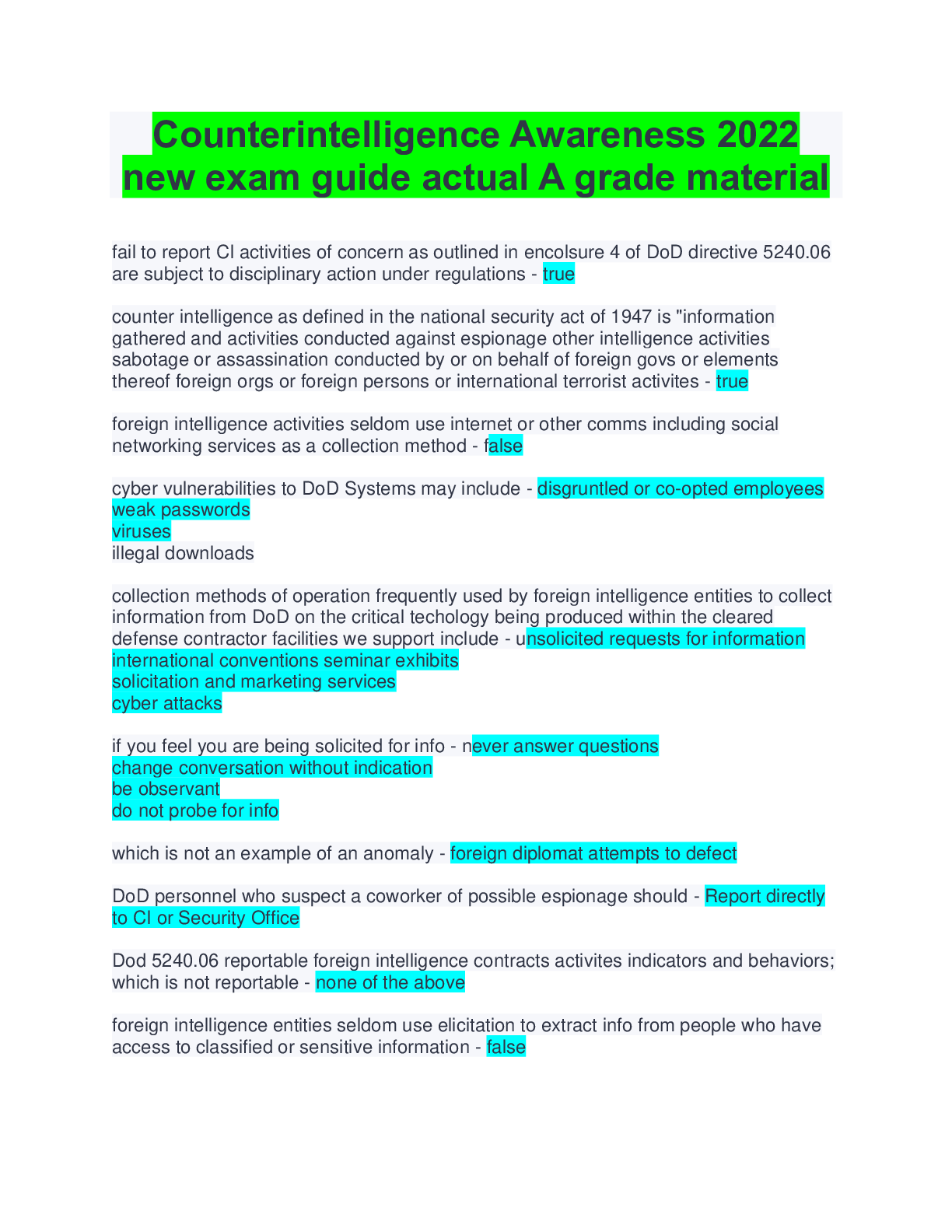 Counterintelligence Awareness 2022 new exam guide actual A grade material - Scholarfriends